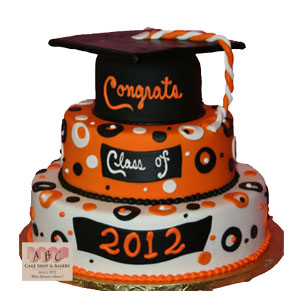 (1125) 3 Tier Orange & Black Graduation Cake - ABC Cake Shop & Bakery