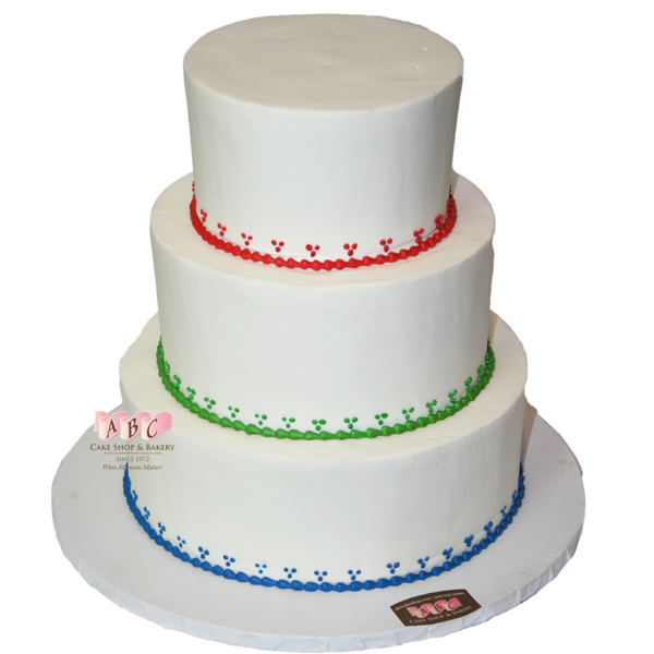 (1550) White cake with Red, Blue & Green Trim - ABC Cake Shop & Bakery