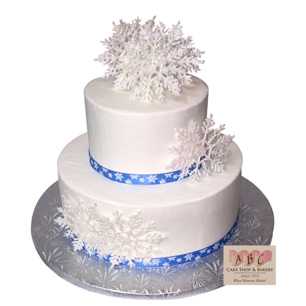 (1599) 2 Tier Winter Wedding Cake with Snowflakes - ABC Cake Shop & Bakery
