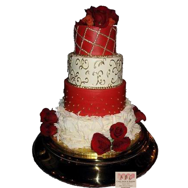 (1670) 4 Tier Red & White Wedding Cake - ABC Cake Shop & Bakery