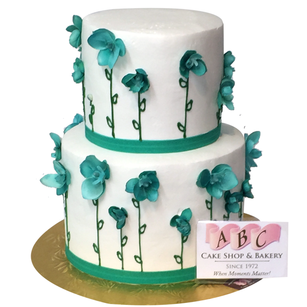 (1863) 2 Tier White Cake with Turquoise Flowers - ABC Cake Shop & Bakery