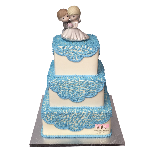 (1855) White Square Blue Lace Precious Moments - ABC Cake Shop & Bakery