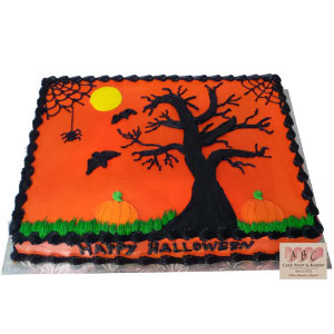 (2168) Happy Halloween Sheet Cake with Spider Webs and Spooky Tree ...